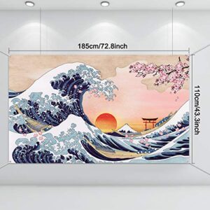 Great Wave Wall Hanging Ocean Wave Photo Banner Japanese Kanagawa Backdrop Sunset Cherry Blossom Art Nature Background for Japanese Party Wall Home Decorations, 72.8 x 43.3 Inch