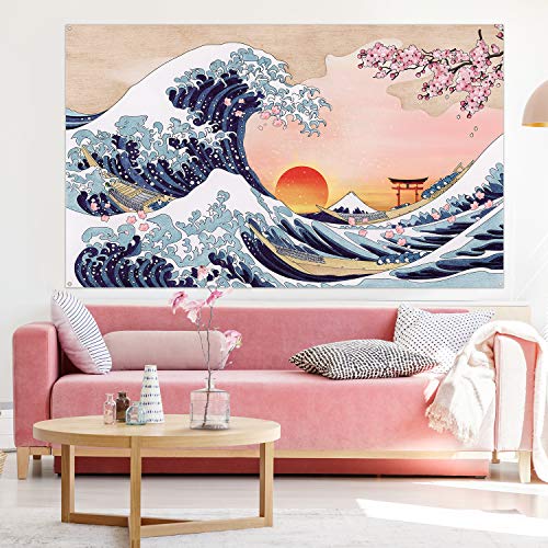 Great Wave Wall Hanging Ocean Wave Photo Banner Japanese Kanagawa Backdrop Sunset Cherry Blossom Art Nature Background for Japanese Party Wall Home Decorations, 72.8 x 43.3 Inch