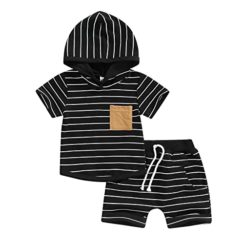 Toddler Baby Boys Summer Outfits Patchwork Print Short Sleeve Hooded Sweatshirt Tops and Drawstring Shorts Playwear (Stripe Black, 2-3 Years)