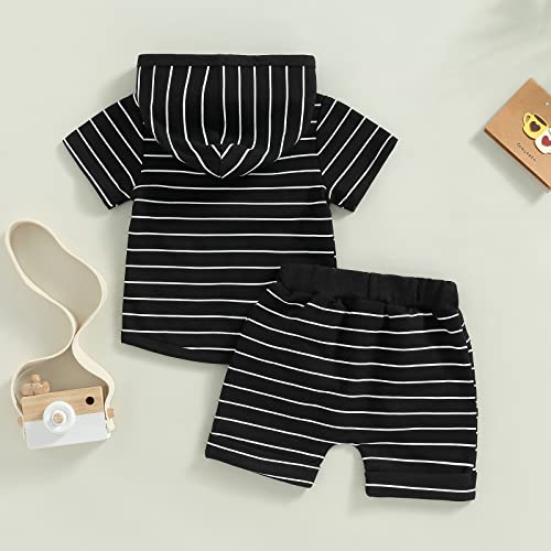 Toddler Baby Boys Summer Outfits Patchwork Print Short Sleeve Hooded Sweatshirt Tops and Drawstring Shorts Playwear (Stripe Black, 2-3 Years)