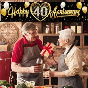 Kauayurk Happy 40th Wedding Anniversary Banner Decorations, Black Gold 40th Anniversary Sign Party Supplies, 40th Wedding Anniversary Decor Photo Booth for Outdoor Indoor