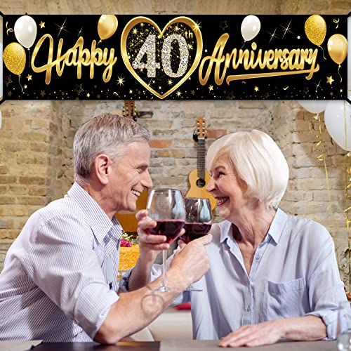 Kauayurk Happy 40th Wedding Anniversary Banner Decorations, Black Gold 40th Anniversary Sign Party Supplies, 40th Wedding Anniversary Decor Photo Booth for Outdoor Indoor