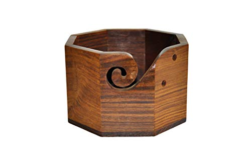 Premium Solid Hard Rose Wood Crafted Wooden Portable Octagonal Yarn Bowl Holder for Knitting Crochet 6 x 6 x 4 inch Christmas Gift Set | Hind Handicrafts