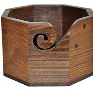 Premium Solid Hard Rose Wood Crafted Wooden Portable Octagonal Yarn Bowl Holder for Knitting Crochet 6 x 6 x 4 inch Christmas Gift Set | Hind Handicrafts