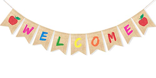 Uniwish Welcome Banner for First Day of School Classroom Decorations Garland Apple Themed Welcome Class Office Photo Backdrop