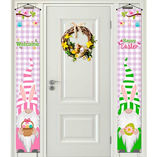 Rainlemon Welcome Happy Easter Gnome Porch Banner Buffalo Check Plaid Stripes Front Door Sign Decoration