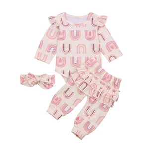 newborn baby girl rainbow outfits ruffled romper bodysuit cake smash pants headband fall winter clothes set (beige, 12-18 months)