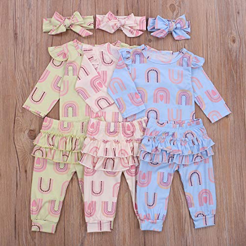 Newborn Baby Girl Rainbow Outfits Ruffled Romper Bodysuit Cake Smash Pants Headband Fall Winter Clothes Set (Beige, 12-18 Months)