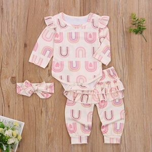 Newborn Baby Girl Rainbow Outfits Ruffled Romper Bodysuit Cake Smash Pants Headband Fall Winter Clothes Set (Beige, 12-18 Months)