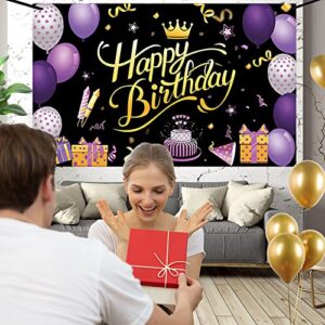 Lovyan Happy Birthday Backdrop Banner Extra Large Fabric Purple Gold Sign Poster Photo Booth Background for Men Women Birthday Anniversary Party Decoration Supplies, 71 x 43.3 Inch (Crown)