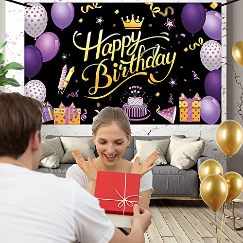 Lovyan Happy Birthday Backdrop Banner Extra Large Fabric Purple Gold Sign Poster Photo Booth Background for Men Women Birthday Anniversary Party Decoration Supplies, 71 x 43.3 Inch (Crown)