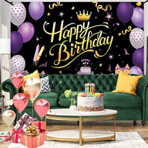 Lovyan Happy Birthday Backdrop Banner Extra Large Fabric Purple Gold Sign Poster Photo Booth Background for Men Women Birthday Anniversary Party Decoration Supplies, 71 x 43.3 Inch (Crown)