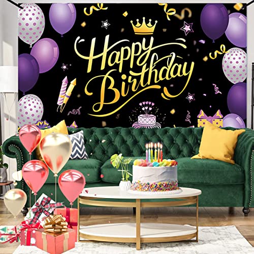 Lovyan Happy Birthday Backdrop Banner Extra Large Fabric Purple Gold Sign Poster Photo Booth Background for Men Women Birthday Anniversary Party Decoration Supplies, 71 x 43.3 Inch (Crown)