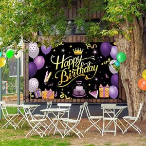 Lovyan Happy Birthday Backdrop Banner Extra Large Fabric Purple Gold Sign Poster Photo Booth Background for Men Women Birthday Anniversary Party Decoration Supplies, 71 x 43.3 Inch (Crown)