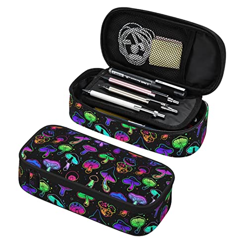 SUYGGCK Bright Psychedelic Mushrooms Pencil Case Large Capacity Pen Bag With Zipper Compartment Pencil Pouch Multifunction Stationary Bag For Boy Girl