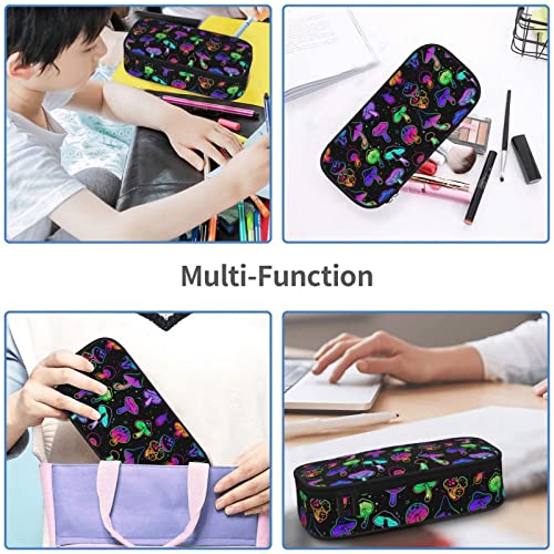 SUYGGCK Bright Psychedelic Mushrooms Pencil Case Large Capacity Pen Bag With Zipper Compartment Pencil Pouch Multifunction Stationary Bag For Boy Girl