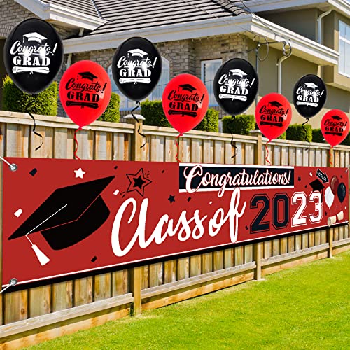 Graduation Decorations 2023 Banner Red and Black Class of 2023 Graduation Party Large Congratulations Backdrop and 8pcs Congrats Grad Balloons for College Graduation Party Decorations 2023(red)