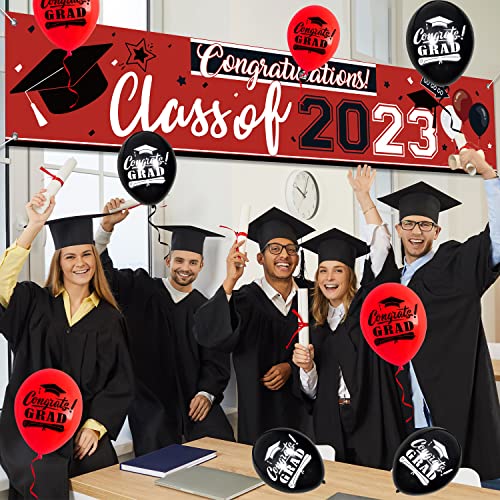 Graduation Decorations 2023 Banner Red and Black Class of 2023 Graduation Party Large Congratulations Backdrop and 8pcs Congrats Grad Balloons for College Graduation Party Decorations 2023(red)