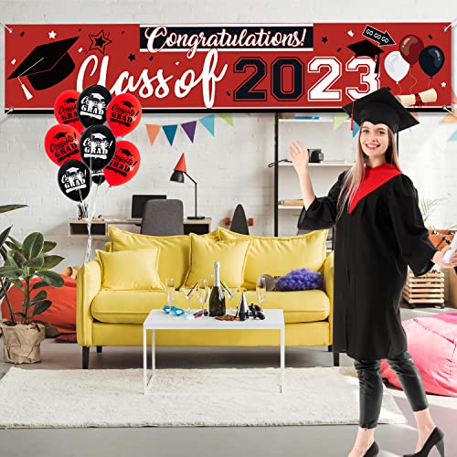 Graduation Decorations 2023 Banner Red and Black Class of 2023 Graduation Party Large Congratulations Backdrop and 8pcs Congrats Grad Balloons for College Graduation Party Decorations 2023(red)