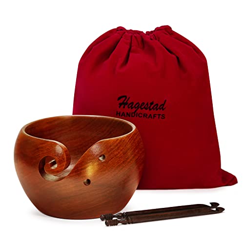 Hagestad Wooden Yarn Bowl for Knitting and Crocheting. Travel Pouch and 2 Crochet Hooks Included. Extra Large 8 by 4 inch