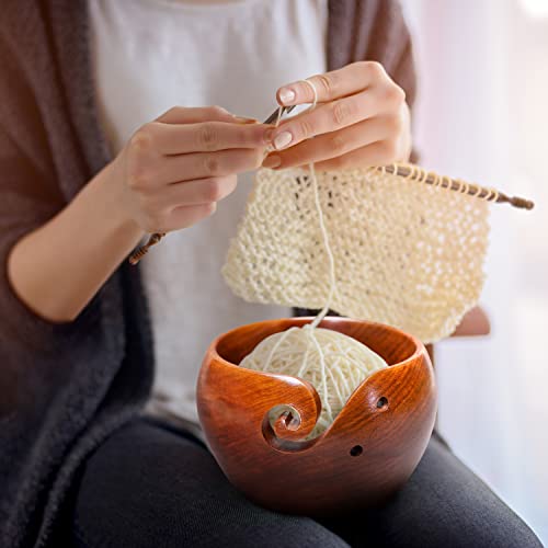 Hagestad Wooden Yarn Bowl for Knitting and Crocheting. Travel Pouch and 2 Crochet Hooks Included. Extra Large 8 by 4 inch