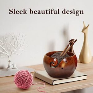 Hagestad Wooden Yarn Bowl for Knitting and Crocheting. Travel Pouch and 2 Crochet Hooks Included. Extra Large 8 by 4 inch