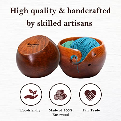 Hagestad Wooden Yarn Bowl for Knitting and Crocheting. Travel Pouch and 2 Crochet Hooks Included. Extra Large 8 by 4 inch