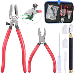 glarks 4pcs heavy duty glass running pliers tools set, breaker grozer plier with glass cutter and pencil style oil feed carbide tip glass cutter for mosaic/tiles/mirror/stained glass cutting