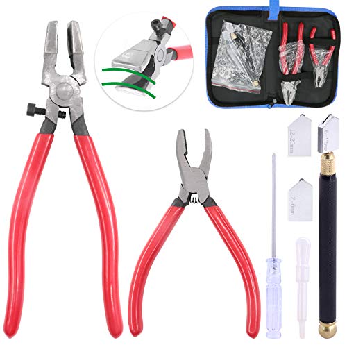 Glarks 4Pcs Heavy Duty Glass Running Pliers Tools Set, Breaker Grozer Plier with Glass Cutter and Pencil Style Oil Feed Carbide Tip Glass Cutter for Mosaic/Tiles/Mirror/Stained Glass Cutting