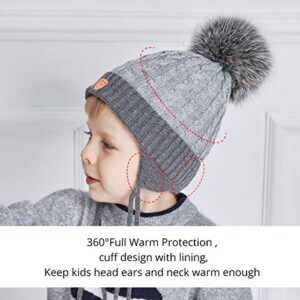 Somaler Toddler Baby Boy Winter Beanie Hat Infant Kids Warm Fleece Lined Earflap Knit Fur Pom Pom Hat Snow Cap