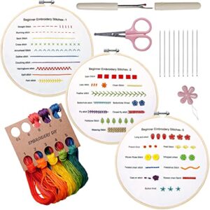 beginners embroidery stitch practice kit, 3 sets embroidery kit to learn 30 different stitches for craft lover hand stitch with embroidery fabric with embroidery skill techniques