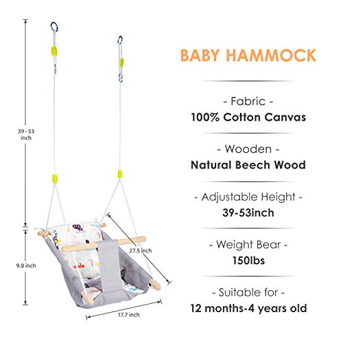 Baby Swing for Baby and Toddler, Canvas Baby Hammock Swing Indoor and Outdoor with Safety Belt and Mounting Hardware, Wooden Hanging Swing Seat Chair for Baby up to 4 Year - Cute Animal