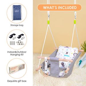 Baby Swing for Baby and Toddler, Canvas Baby Hammock Swing Indoor and Outdoor with Safety Belt and Mounting Hardware, Wooden Hanging Swing Seat Chair for Baby up to 4 Year - Cute Animal