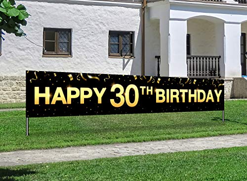 Greatingreat Large Cheers to 30 Years Banner, Black Gold 30 Anniversary Party Sign, 30th Happy Birthday Banner(9.8feet X 1.6feet)