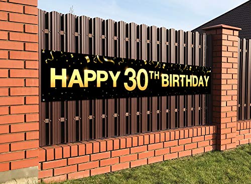 Greatingreat Large Cheers to 30 Years Banner, Black Gold 30 Anniversary Party Sign, 30th Happy Birthday Banner(9.8feet X 1.6feet)