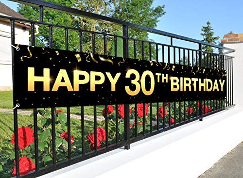 Greatingreat Large Cheers to 30 Years Banner, Black Gold 30 Anniversary Party Sign, 30th Happy Birthday Banner(9.8feet X 1.6feet)