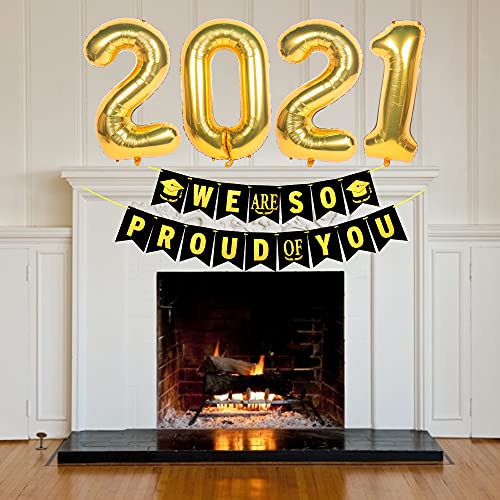 Graduation Decorations 2021 Class of 2021 Decorations Gold Glittery We are So Proud of You Banner Gold 2021 Number Foil Mylar Balloons Set for Outdoor Indoor Wall Yard Decor Graduation Party Supplies