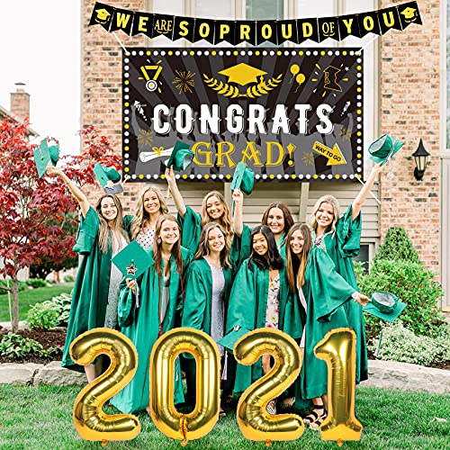 Graduation Decorations 2021 Class of 2021 Decorations Gold Glittery We are So Proud of You Banner Gold 2021 Number Foil Mylar Balloons Set for Outdoor Indoor Wall Yard Decor Graduation Party Supplies