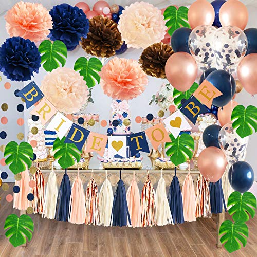 Bridal Shower Decorations Navy Champagne Qian's Party Navy Peach Champagne Confetti Ballons /Bride to Be Banner Navy Coral , Hen Party Engagement Banner Rose Gold Bachelorette Party Decorations