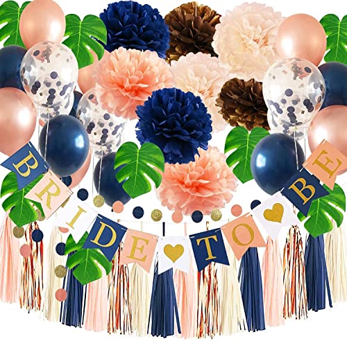 Bridal Shower Decorations Navy Champagne Qian's Party Navy Peach Champagne Confetti Ballons /Bride to Be Banner Navy Coral , Hen Party Engagement Banner Rose Gold Bachelorette Party Decorations