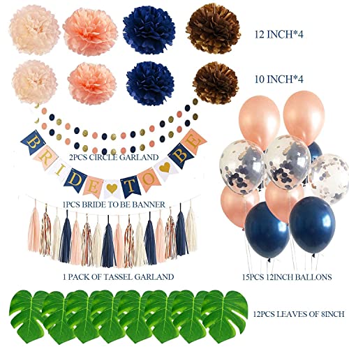 Bridal Shower Decorations Navy Champagne Qian's Party Navy Peach Champagne Confetti Ballons /Bride to Be Banner Navy Coral , Hen Party Engagement Banner Rose Gold Bachelorette Party Decorations