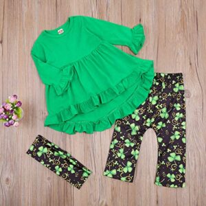 3Pcs/Set Kids Toddler Girl St. Patrick's Day Clothes Long Sleeve Irregular Tunic Top Dress Clover Pants Scarf Outfits (Dark Green, 2-3T)