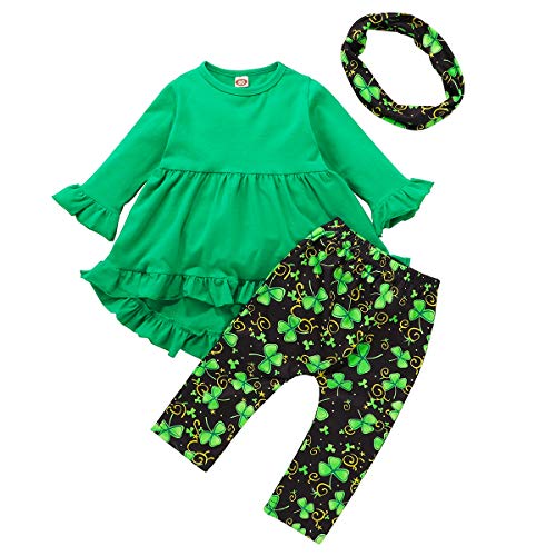 3Pcs/Set Kids Toddler Girl St. Patrick's Day Clothes Long Sleeve Irregular Tunic Top Dress Clover Pants Scarf Outfits (Dark Green, 2-3T)