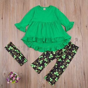 3Pcs/Set Kids Toddler Girl St. Patrick's Day Clothes Long Sleeve Irregular Tunic Top Dress Clover Pants Scarf Outfits (Dark Green, 2-3T)