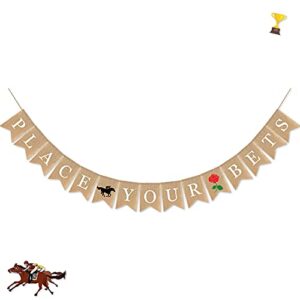 SWYOUN Burlap Place Your Bets Banner Kentucky Derby Party Supplies Horse Racing Mantel Fireplace Decoration