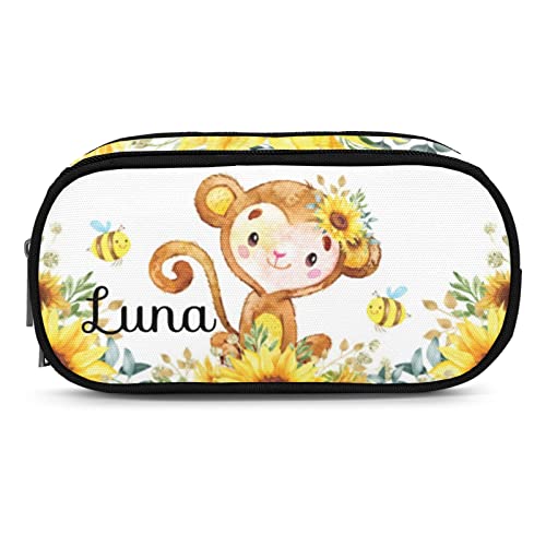 Custom Pencil Pen Case, Personalized Pencil Bag Pouch Box with Zipper, Pencil Pouch for School Office and Travel Sunflower Monkey