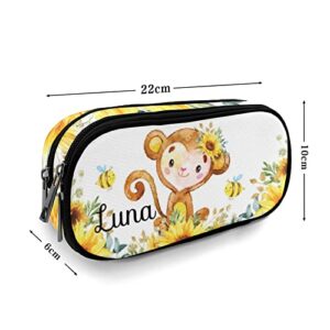 Custom Pencil Pen Case, Personalized Pencil Bag Pouch Box with Zipper, Pencil Pouch for School Office and Travel Sunflower Monkey