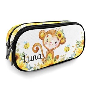 Custom Pencil Pen Case, Personalized Pencil Bag Pouch Box with Zipper, Pencil Pouch for School Office and Travel Sunflower Monkey