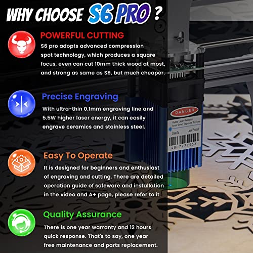 SCULPFUN S6 Pro Laser Engraver, 60W Laser Engraving Machine for Wood and Metal, Acrylic, 5.5W Output Power DIY Laser Cutter, Logo and Pattern Laser Marking Machine, Gifts for Him (S6 Pro Engraver)