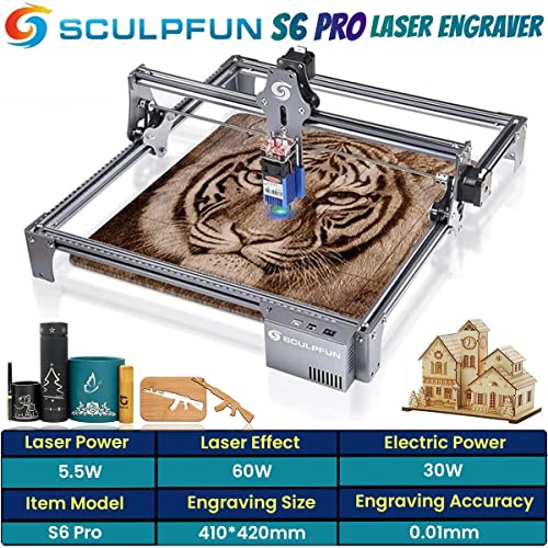 SCULPFUN S6 Pro Laser Engraver, 60W Laser Engraving Machine for Wood and Metal, Acrylic, 5.5W Output Power DIY Laser Cutter, Logo and Pattern Laser Marking Machine, Gifts for Him (S6 Pro Engraver)